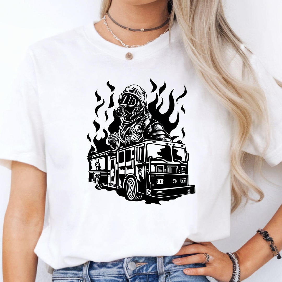 Fireman Firetruck Flames Silhouette - Firefighter - DTF | Ready to ...