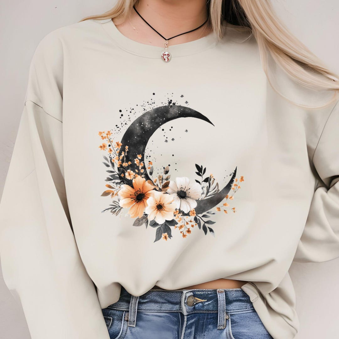 Black Moon Floral Boho - Celestial - Mystical - DTF Transfers | Ready ...