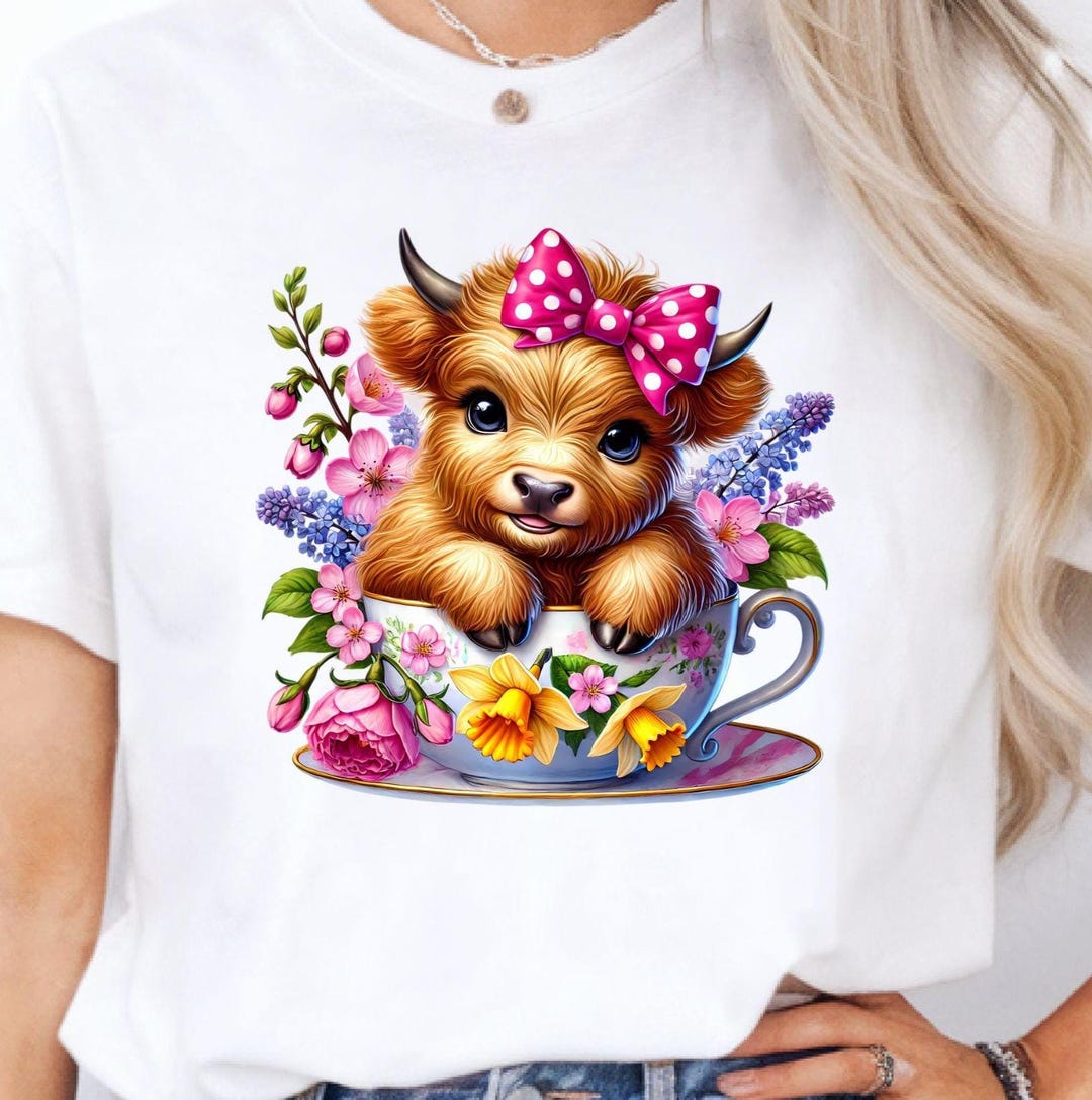 Spring Highland Cow in a Teacup - DTF | Ready to Press | Heat Press ...