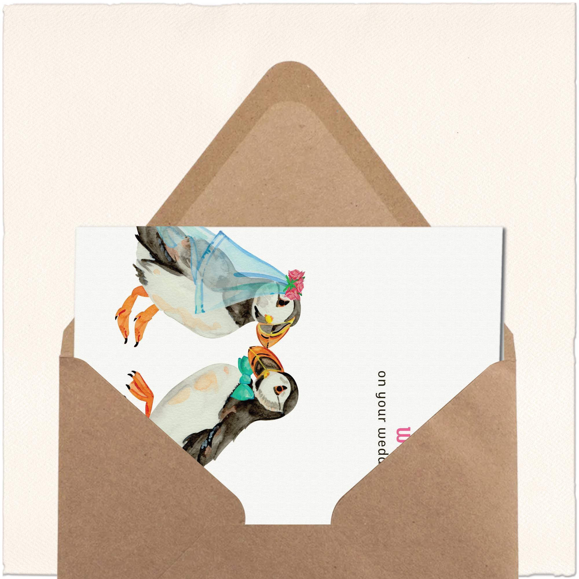 Watercolor Puffins Wedding Card | Bride and Groom Puffins Wedding Card ...