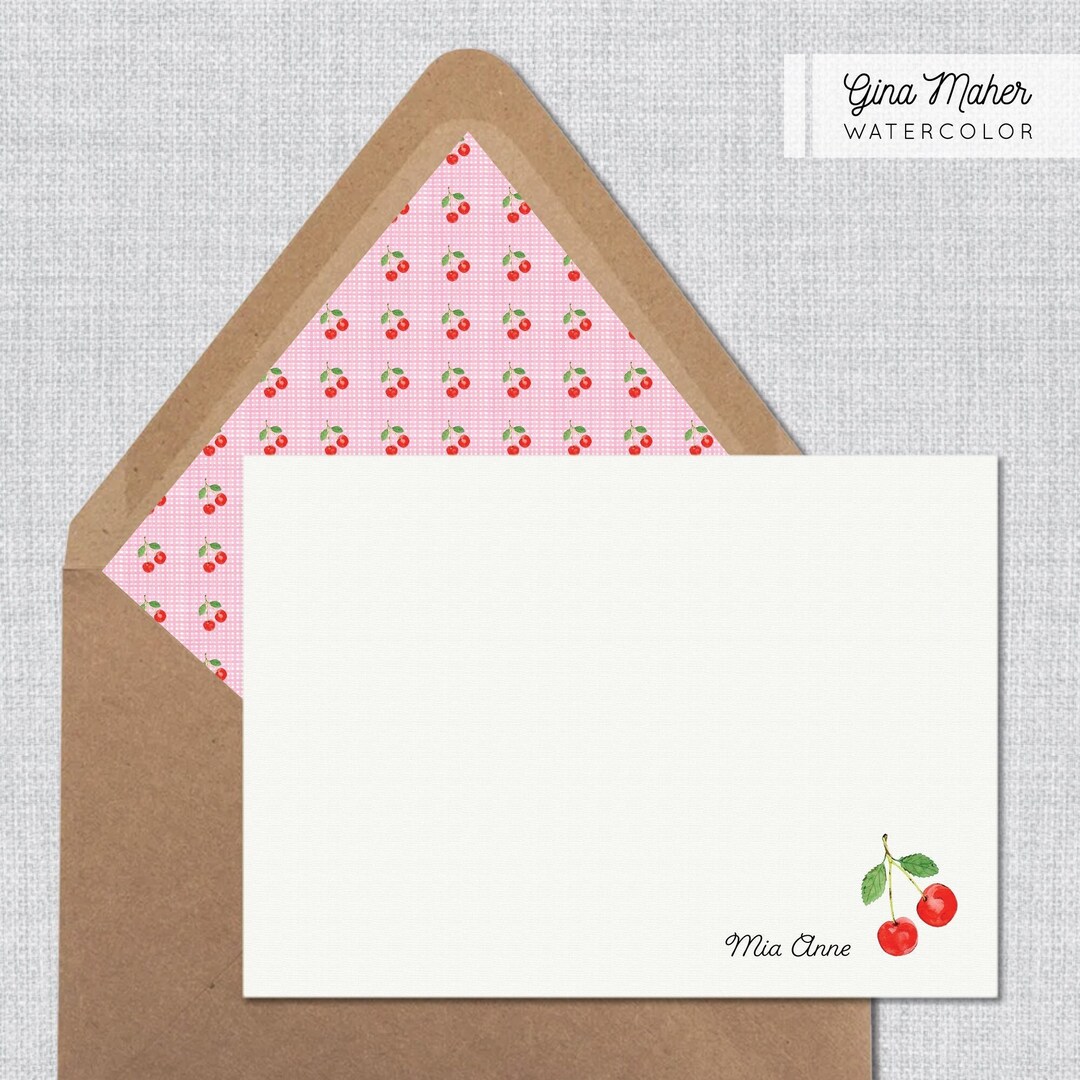 Watercolor Cherry Personalized Notecards Cute Custom Notecards Cute ...