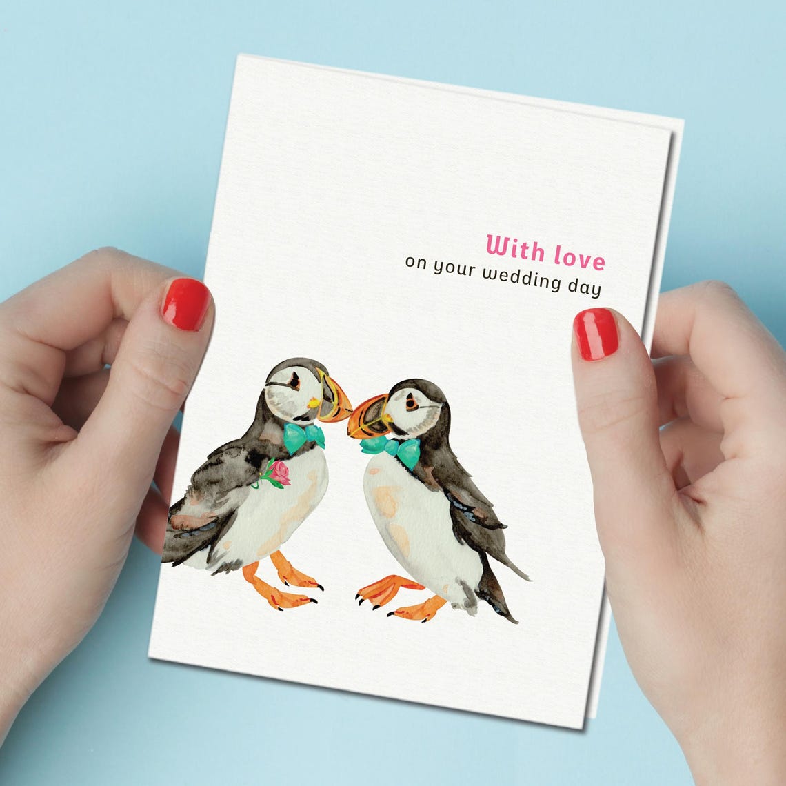 Watercolor Puffins Gay Wedding Card | Handmade Wedding Card Two Grooms ...