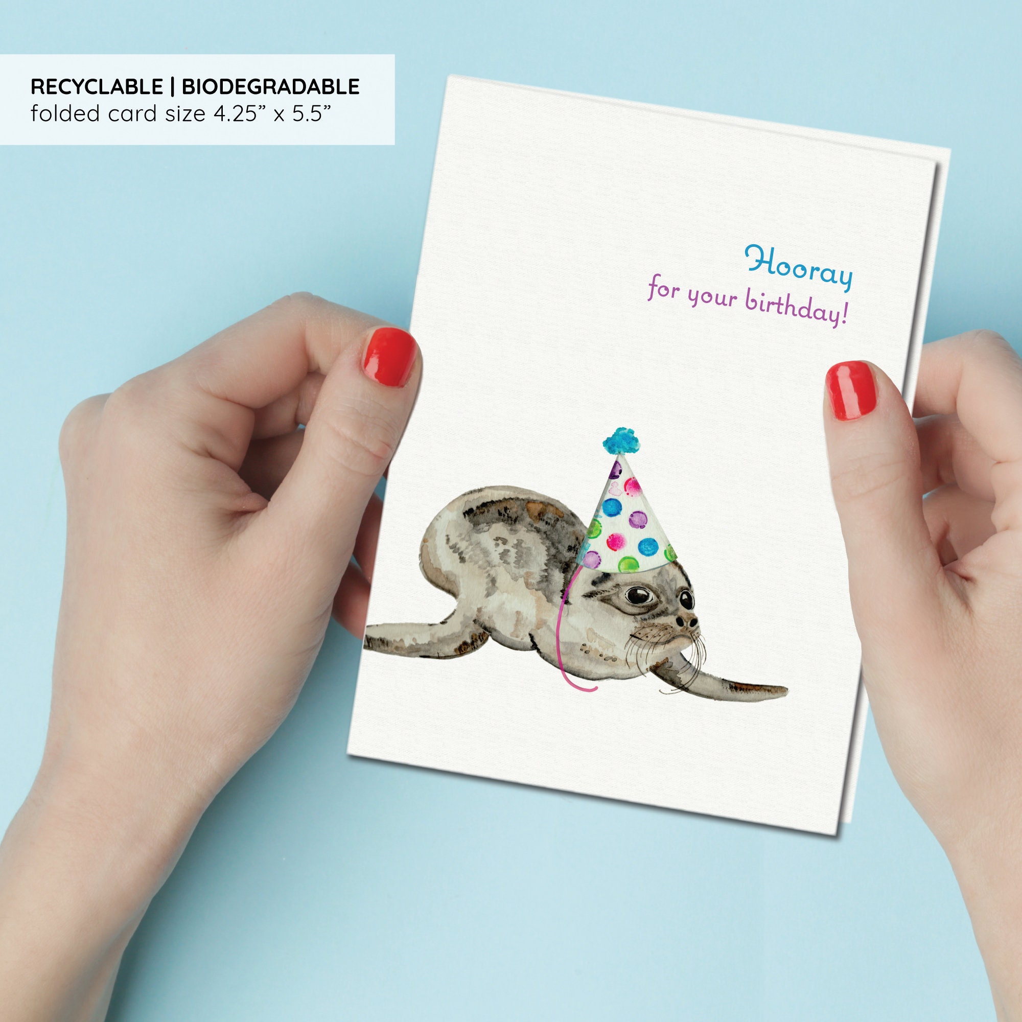 Watercolor Seal Wearing Birthday Hat Card Cute Animal Birthday Card for ...