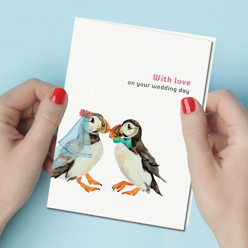 Watercolor Puffins Wedding Card | Bride and Groom Puffins Wedding Card ...