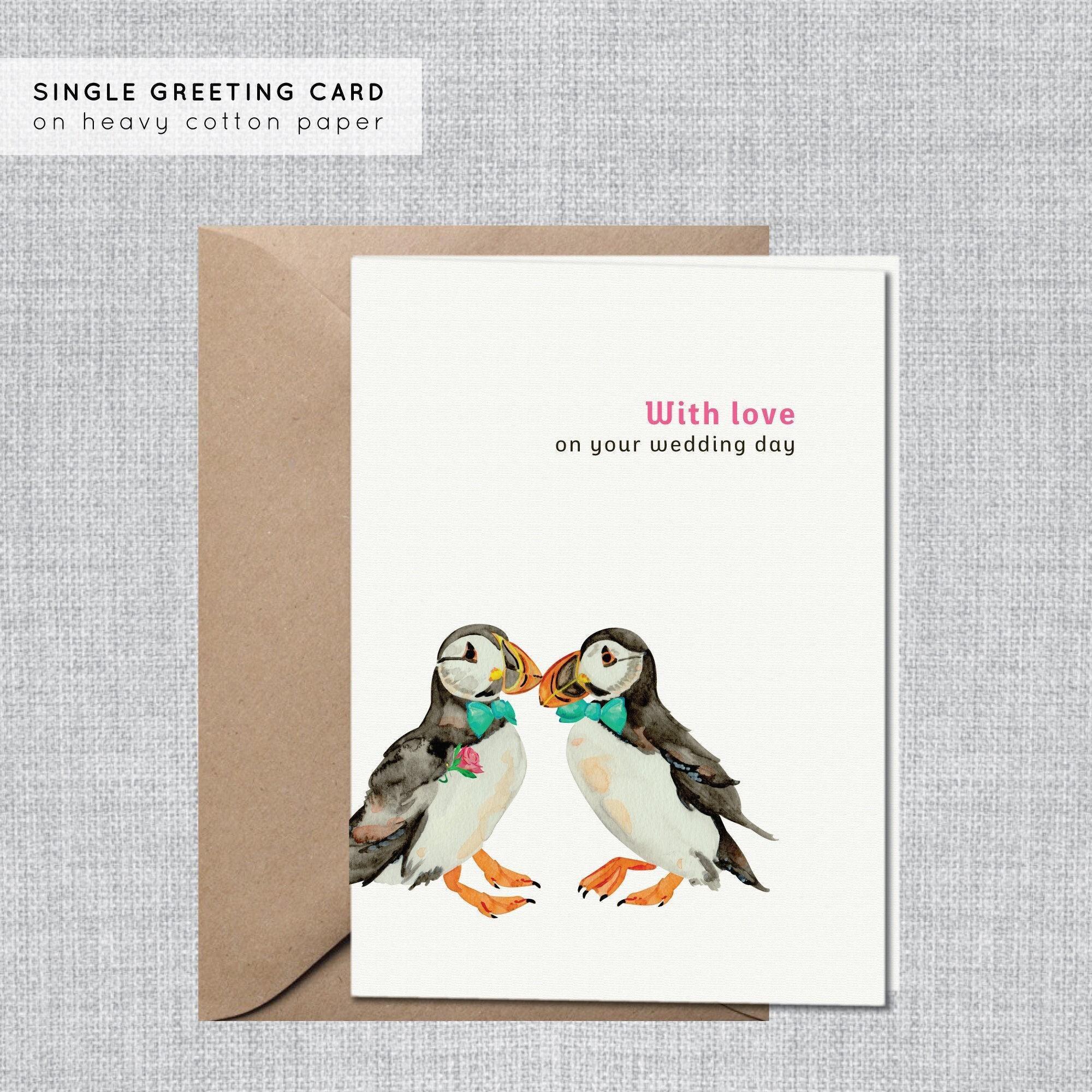 Watercolor Puffins Gay Wedding Card | Handmade Wedding Card Two Grooms ...