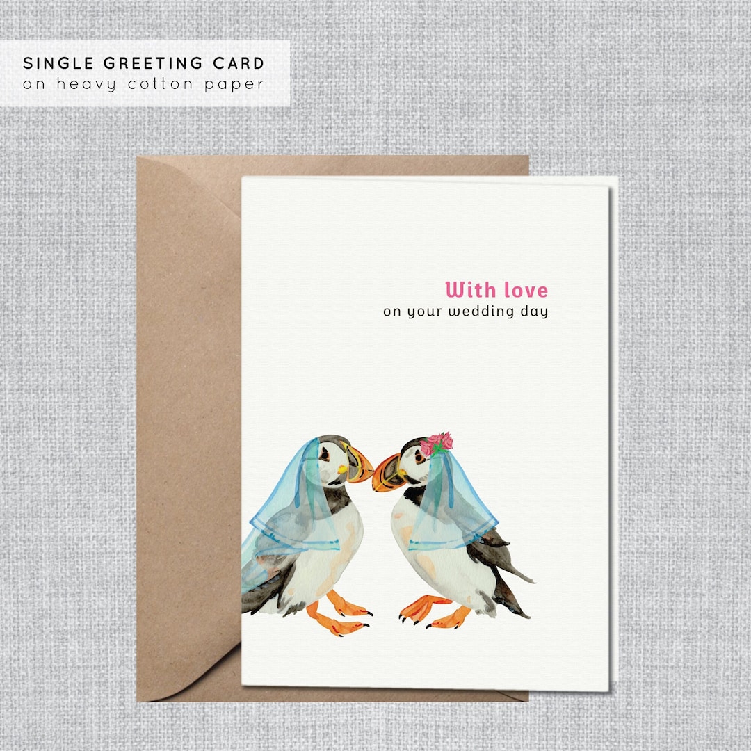 Watercolor Puffins Gay Wedding Card Handmade Wedding Card Two Brides ...