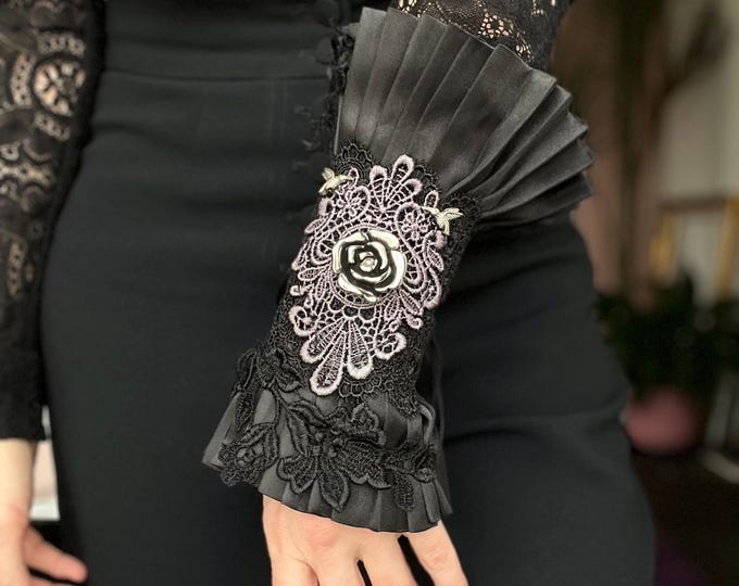 Deep Black Lace Wrist Cuffs Pleated Net Lace Goth Bride Theatre Costume ...