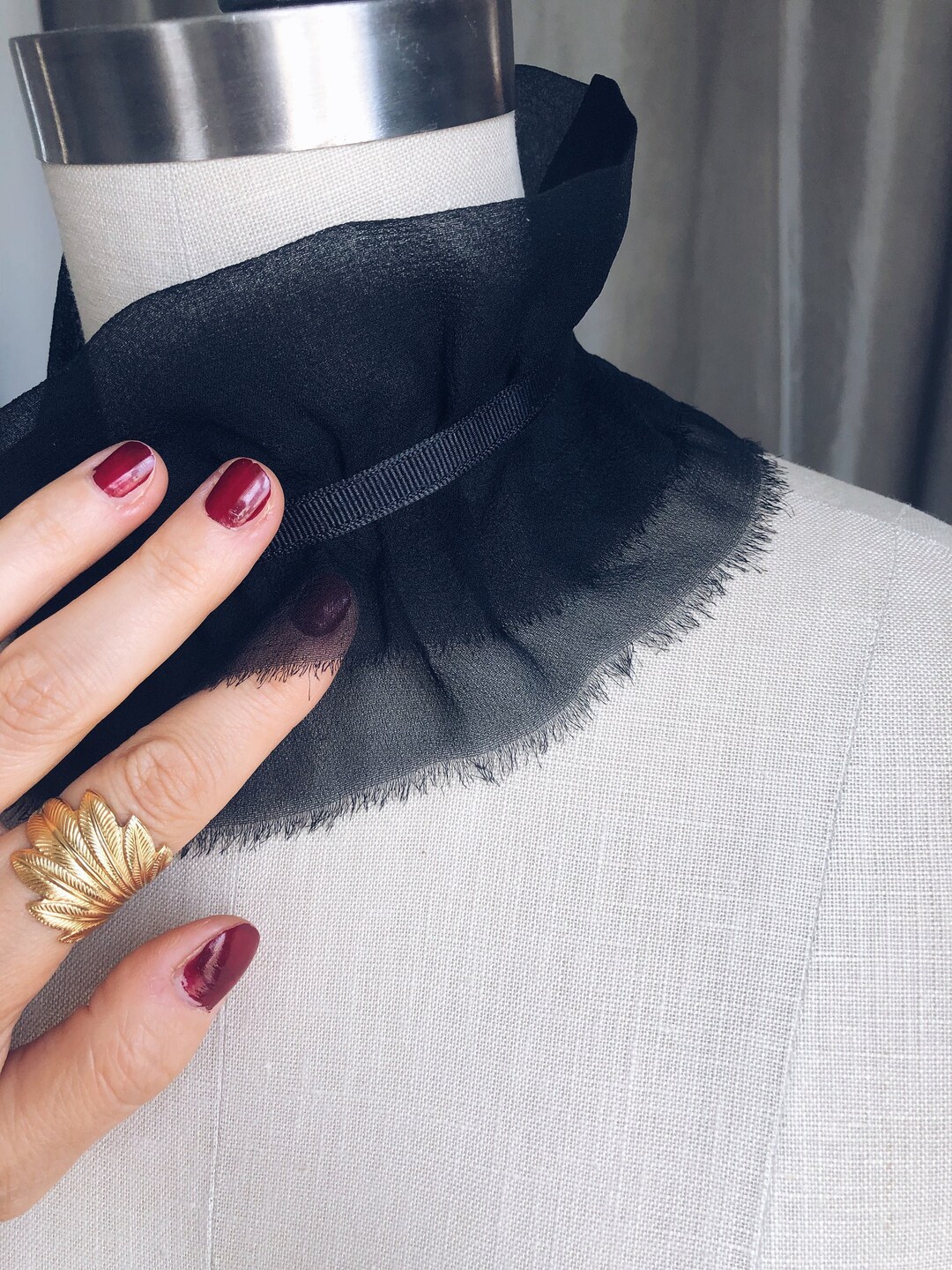 BLACK Silk COLLAR RUFF Ruffled Choker Collar/detachable Collar/silk ...