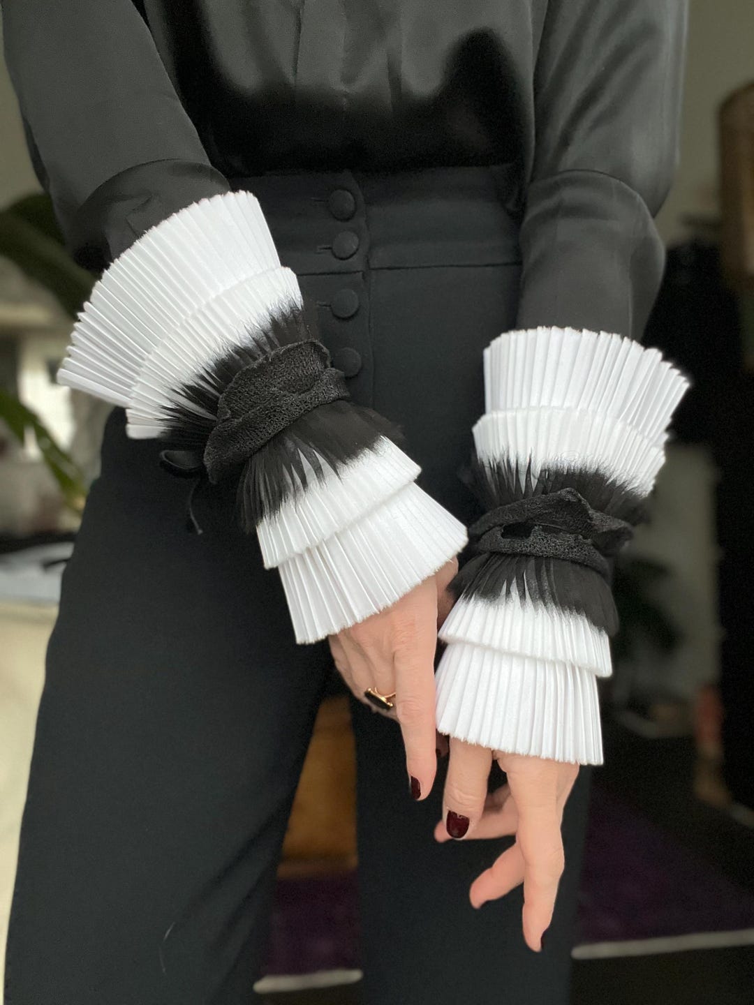 High Cuffs/couture Hand Pleated Cuffs/black and White Cuffs/ruffled ...