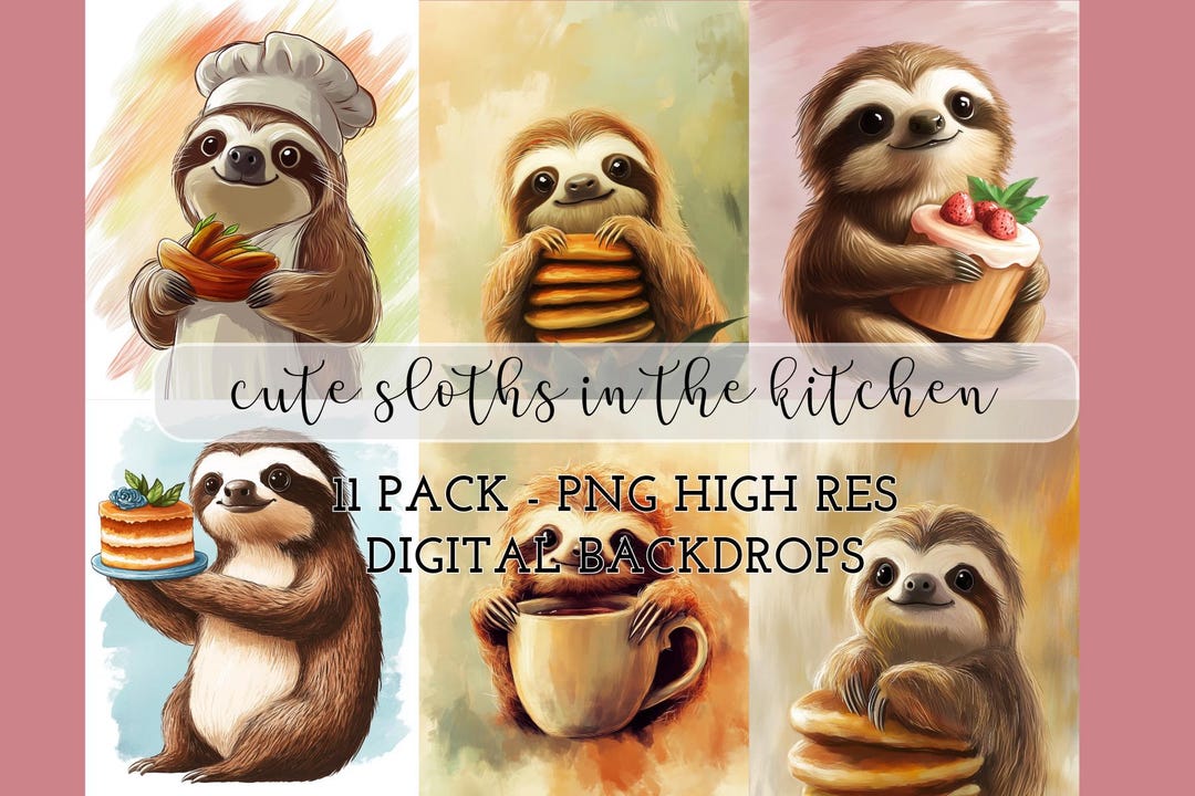 11 PNG PACK Cute Sloths in the Kitchen Illustration Digital Drawing ...