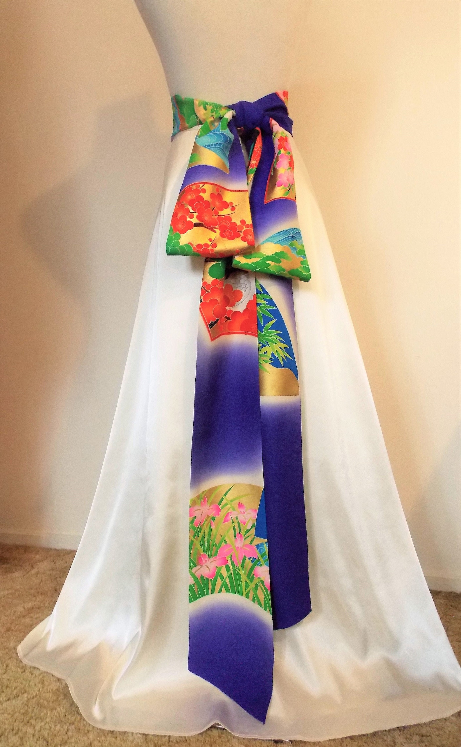Wedding KIMONO OBI Sash Bow Belt Tail Pansy Purple Blue White Crane ...