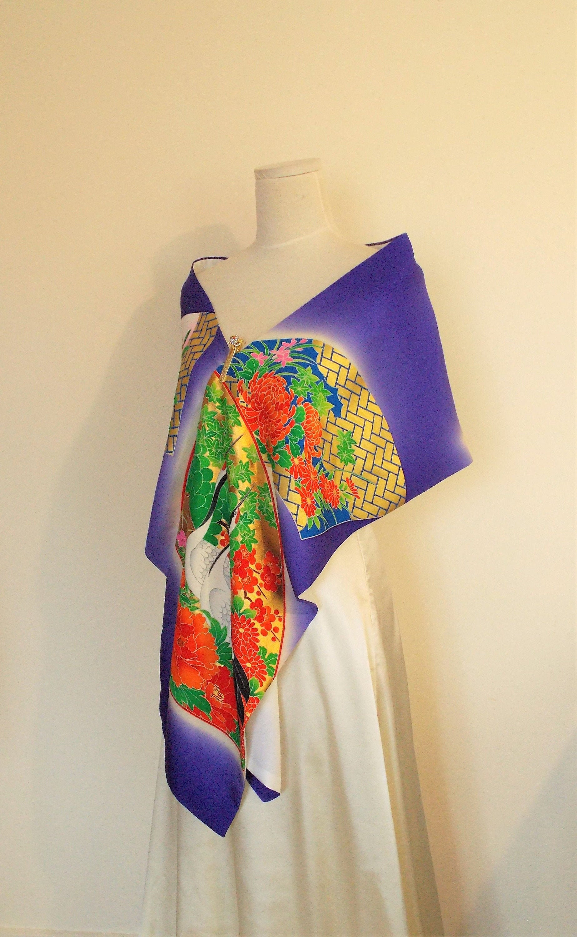 Wedding KIMONO OBI Sash Bow Belt Tail Pansy Purple Blue White | Etsy