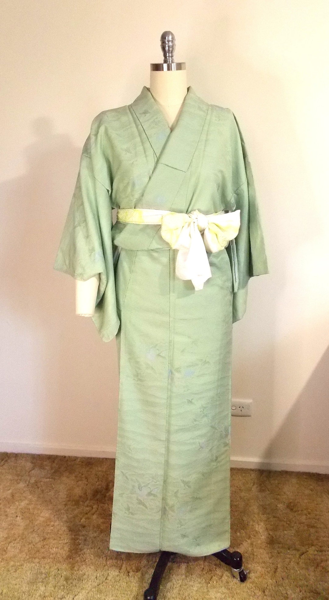 Vintage IROMUJI KIMONO Sage Green Crane Wave Opal Size S Ready to Ship - Etsy