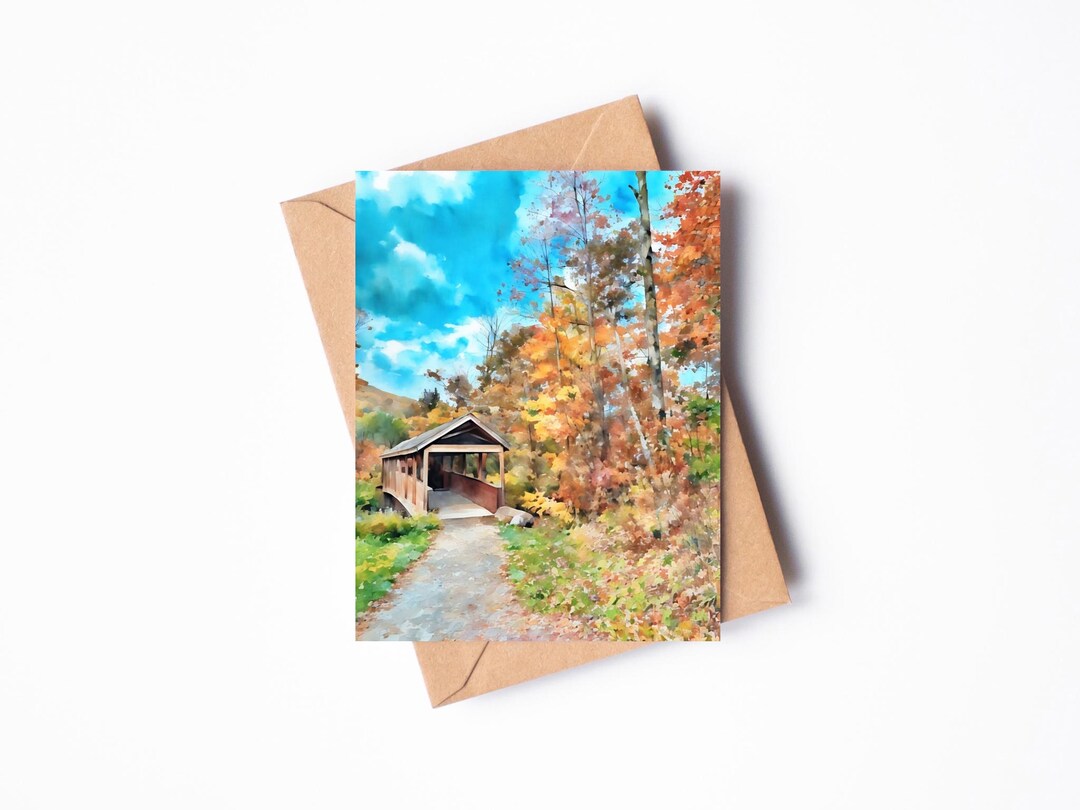 Vermont Covered Bridge in Fall Printable Greeting Card: Blank Notecard ...