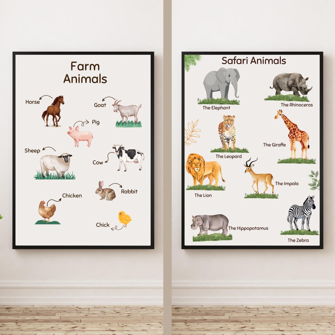 Safari & Farm Animals Poster Set for Kids | Printable Wildlife and Farm ...