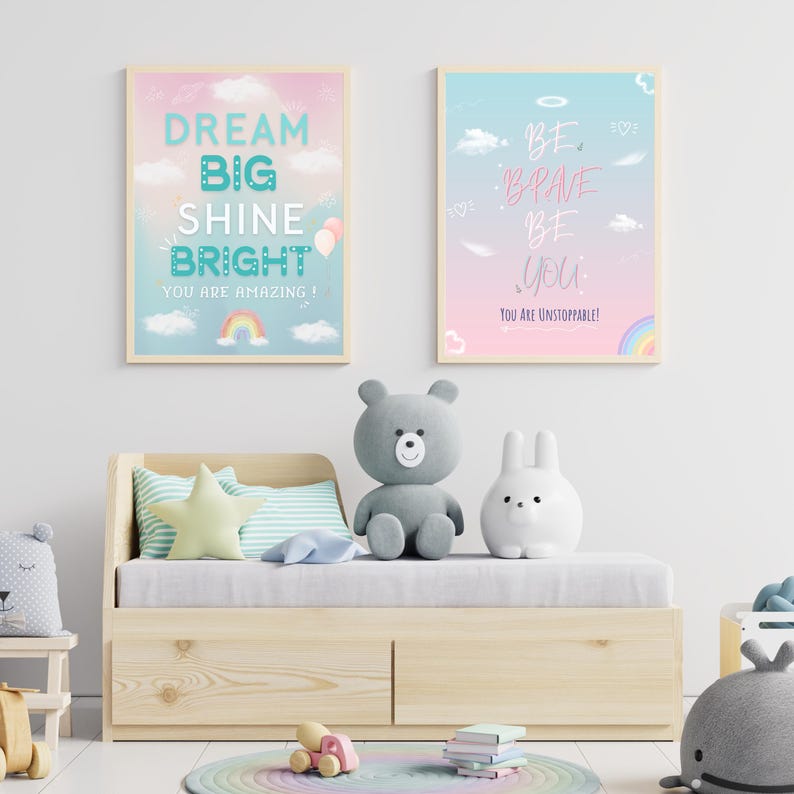 Digital Pastel Motivational Wall Art Set | Be Brave, Dream Big, Smile ...