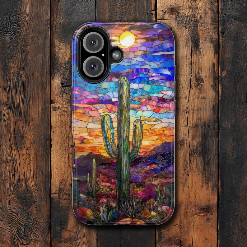 Cactus Desert Sunset Stained Glass Art Phone Case, Cacti Desert Lover ...
