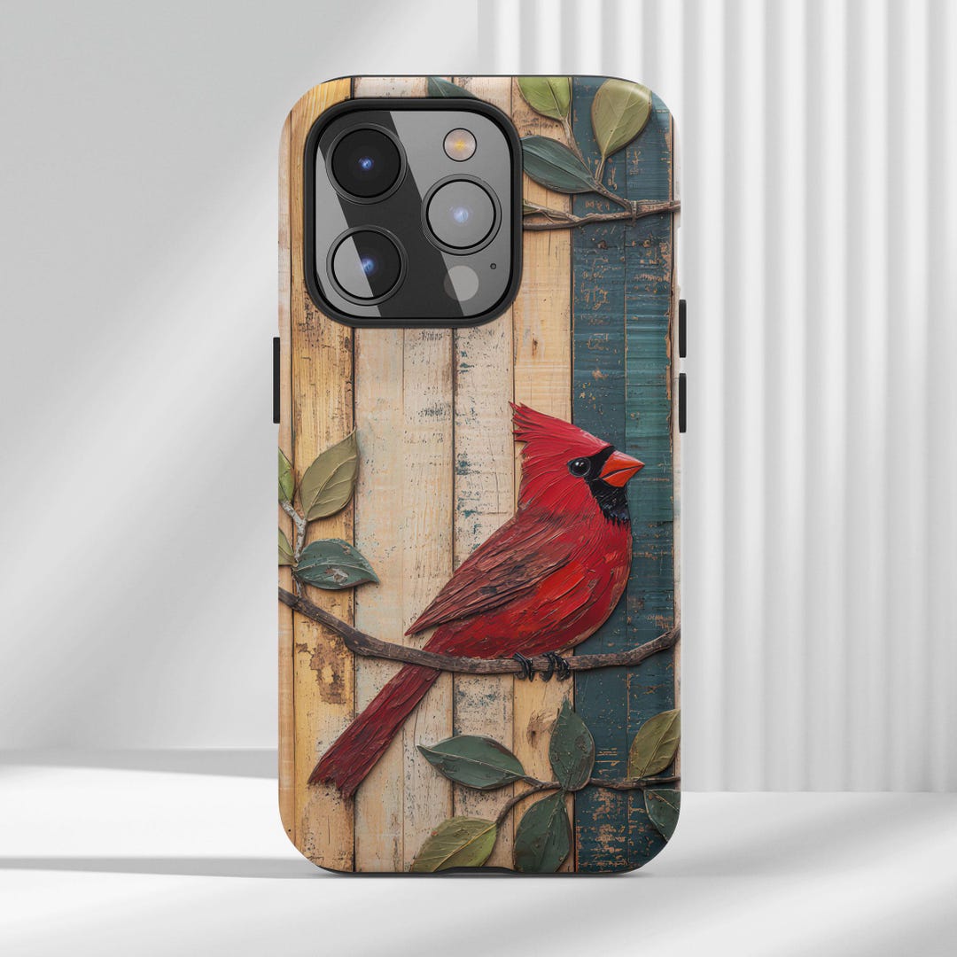 Cardinal Bird Phone Case, Rustic Wood Lathe Art Effect, Birder ...