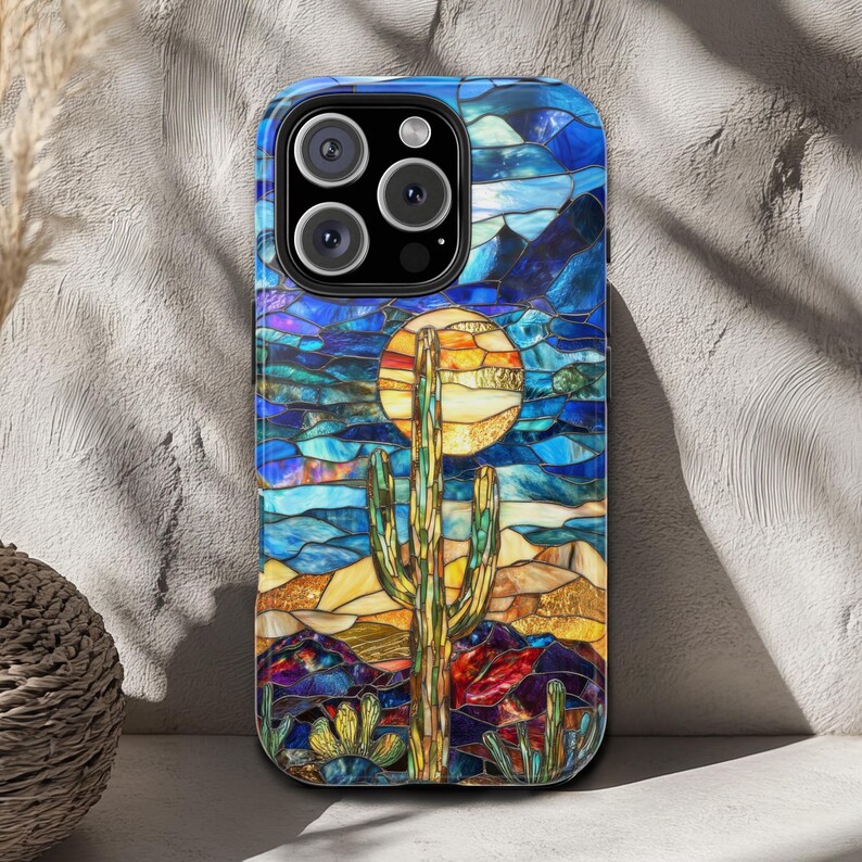 Desert Cactus Stained Glass Effect Phone Case, Cacti Desert Sunset ...