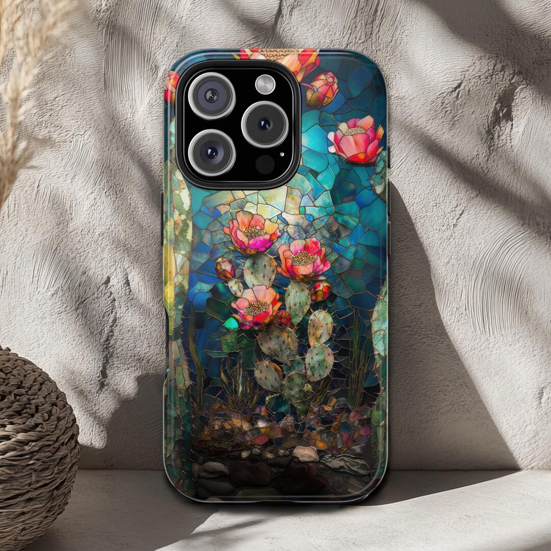 Cactus Bloom Stained Glass Effect Phone Case, Cacti Desert Floral ...