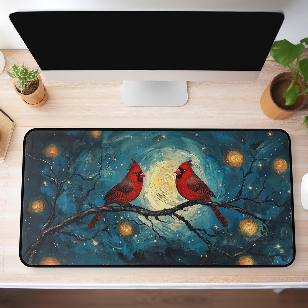 Red Cardinal Bird Starry Night Style Desk Mat, Nature Office Decor ...