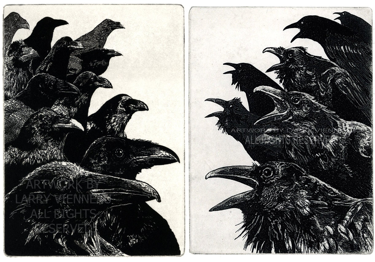 Wall Art Goth Art Raven artwork Raven crow Etching | Etsy