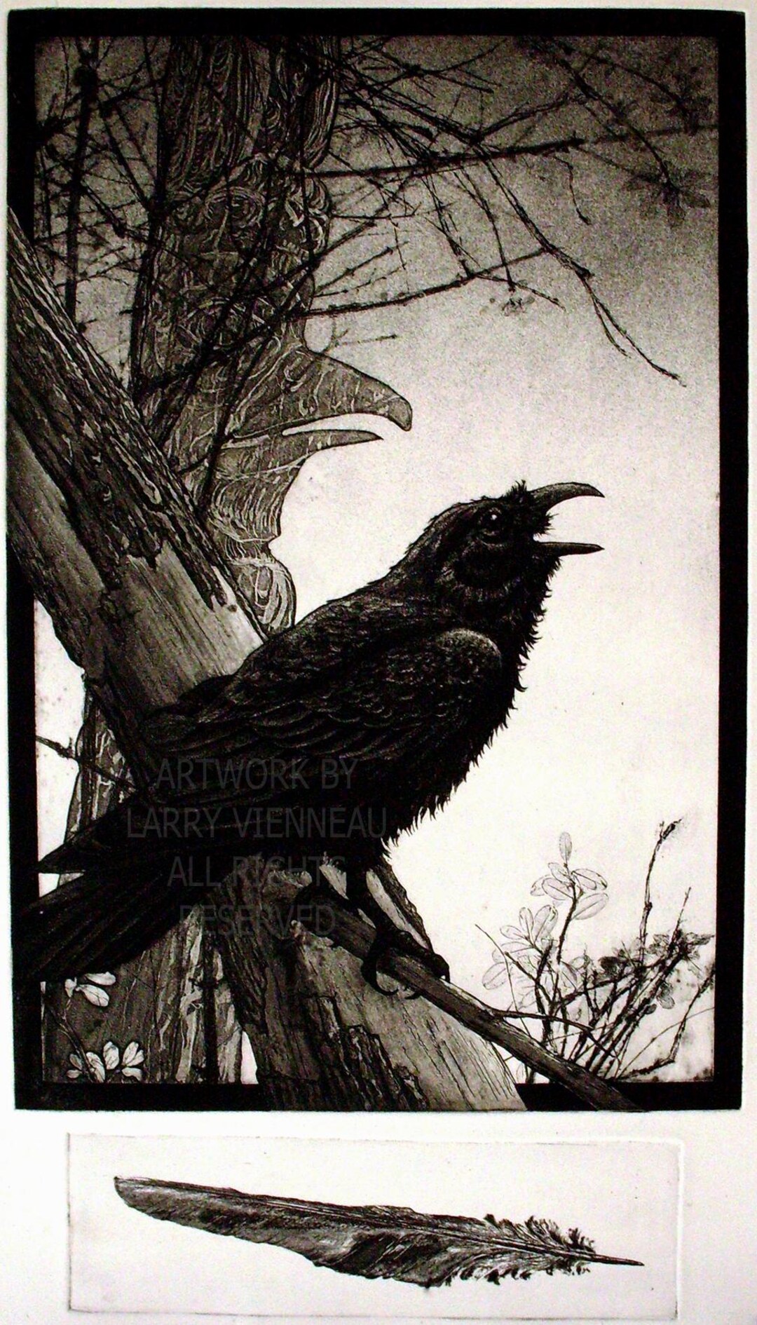 Goth, Wall Art, Raven Artwork, Raven, Crow, Etching, Raven Feather ...