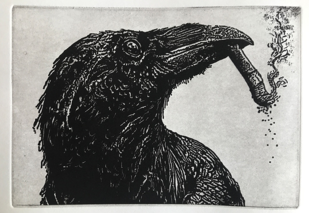 Wall Art Raven Artwork Raven Crow Smoking Crow Etching - Etsy