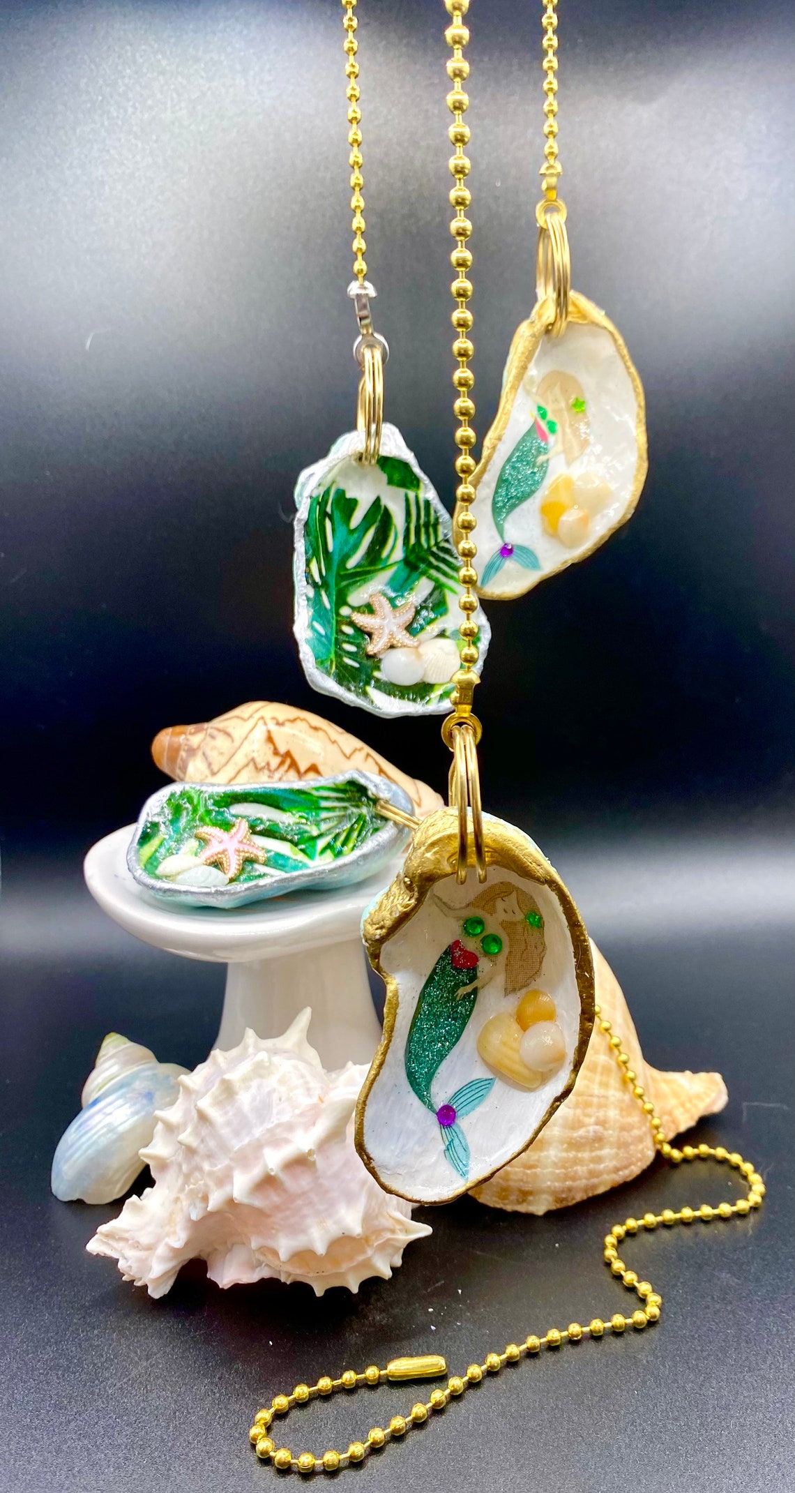 NEW Handmade Découpage Oyster Sea Shell Fan Light Pulls Palm Beach ...