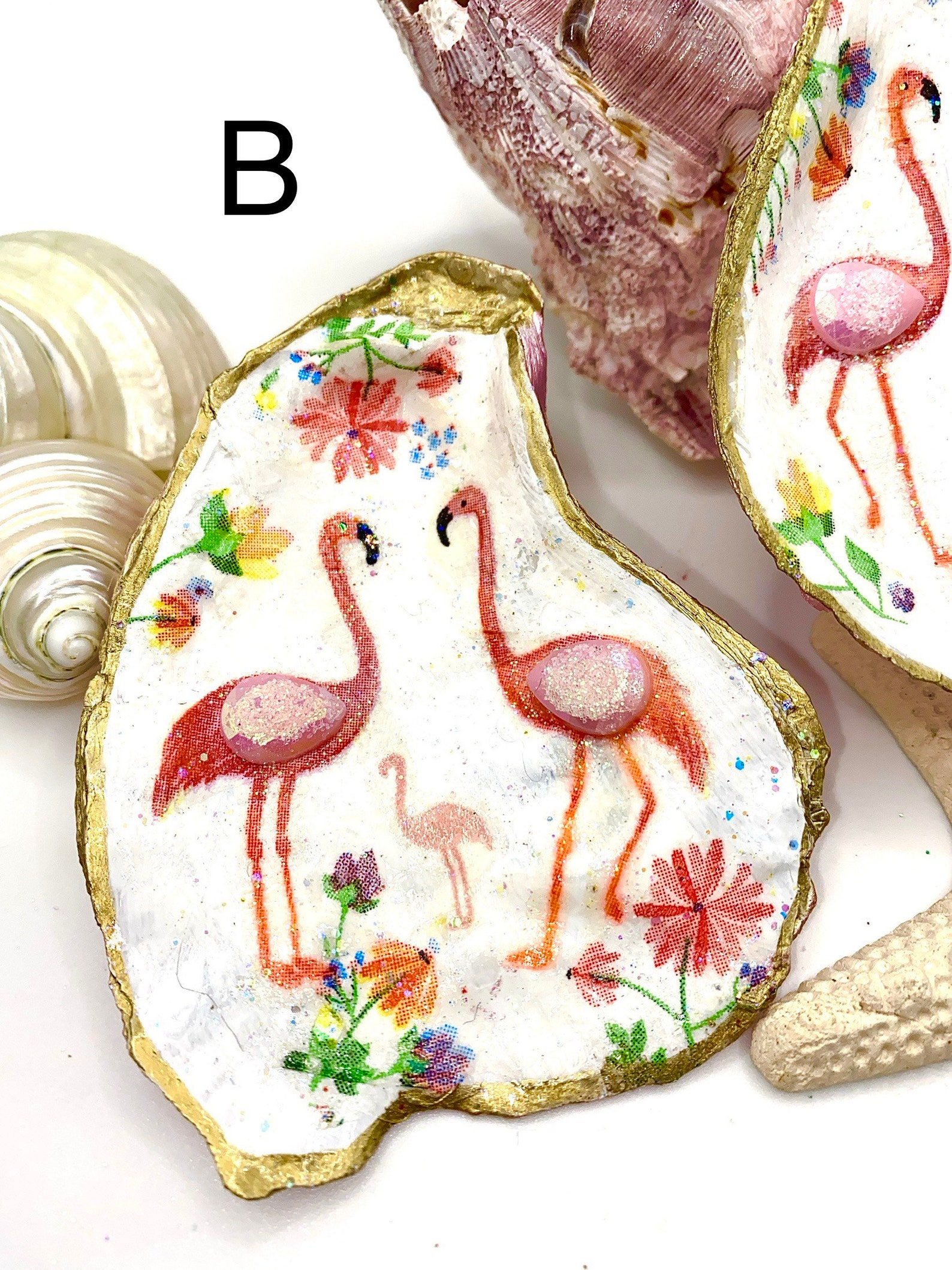 Bedazzled Flamingo Beauties! Large Oyster Shell Trinket-ring Dishes ...