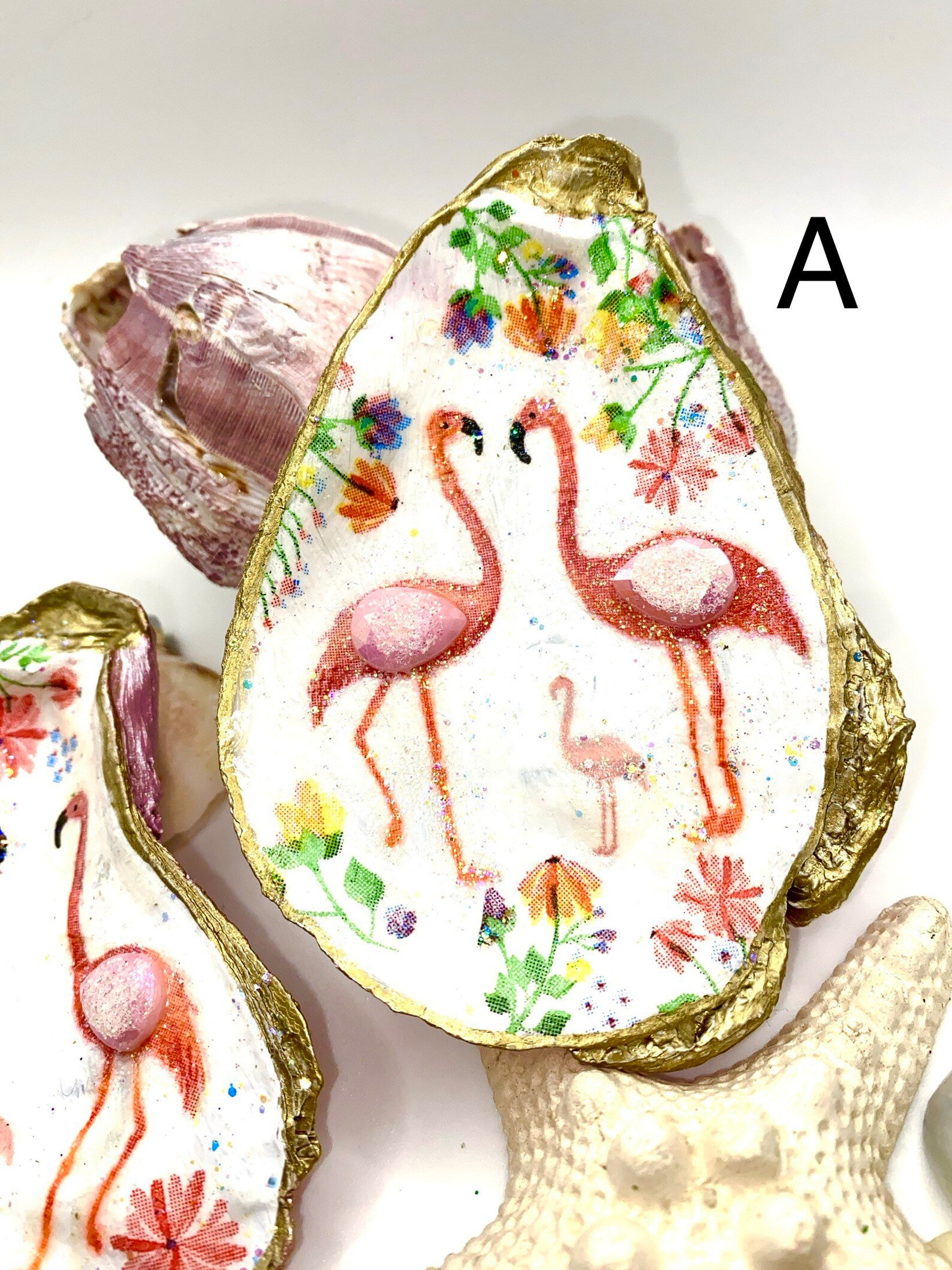 Bedazzled Flamingo Beauties! Large Oyster Shell Trinket-ring Dishes ...