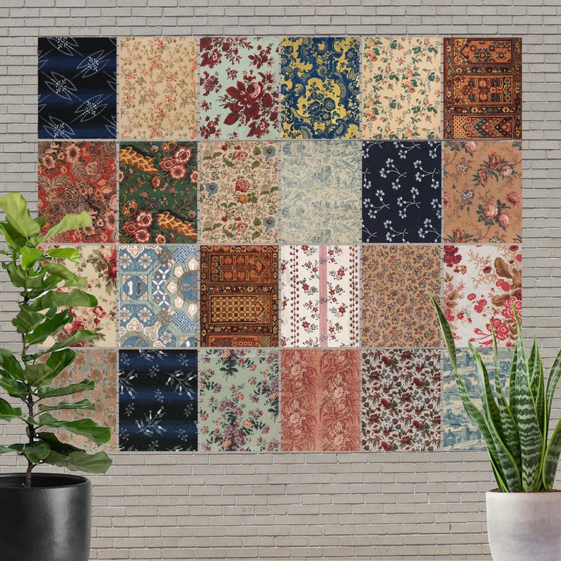 Vintage Textile Prints Wall Collage Kit - Historic Fabric Decor (25PC ...