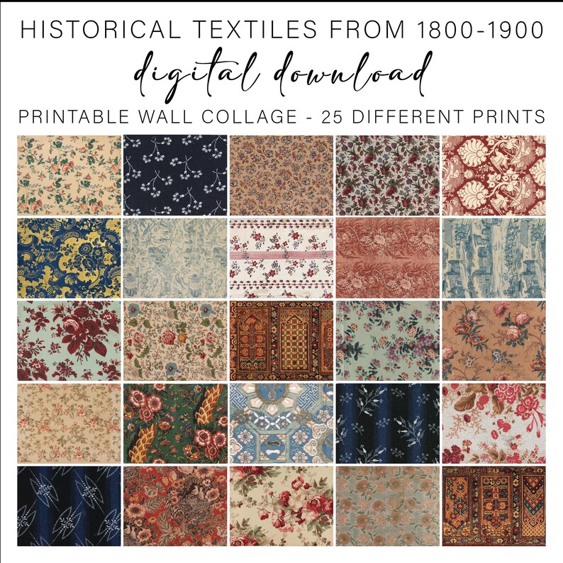 Vintage Textile Prints Wall Collage Kit - Historic Fabric Decor (25PC ...