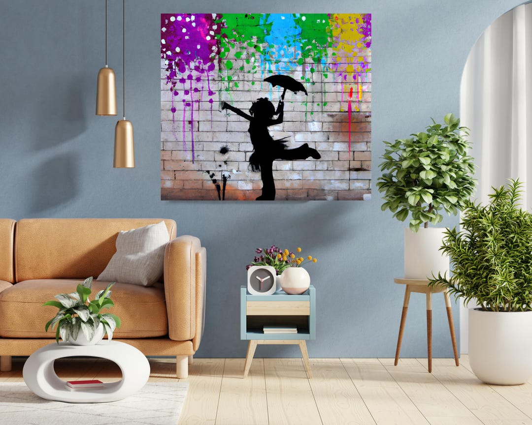 Banksy-style Graffiti of a Girl Dancing in Colourful Rainfall-stunning ...