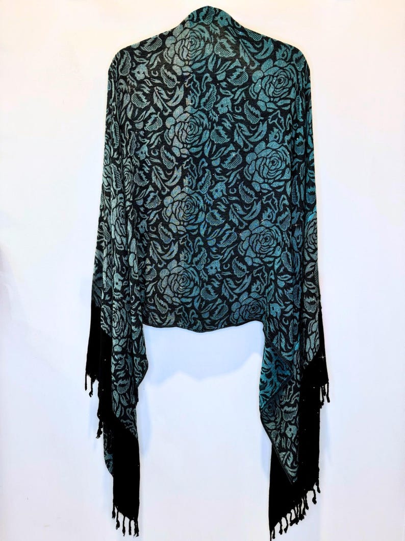 Bedazzled Thrifted Rose Floral Blue Black Ombre Pattern Pashmina ...