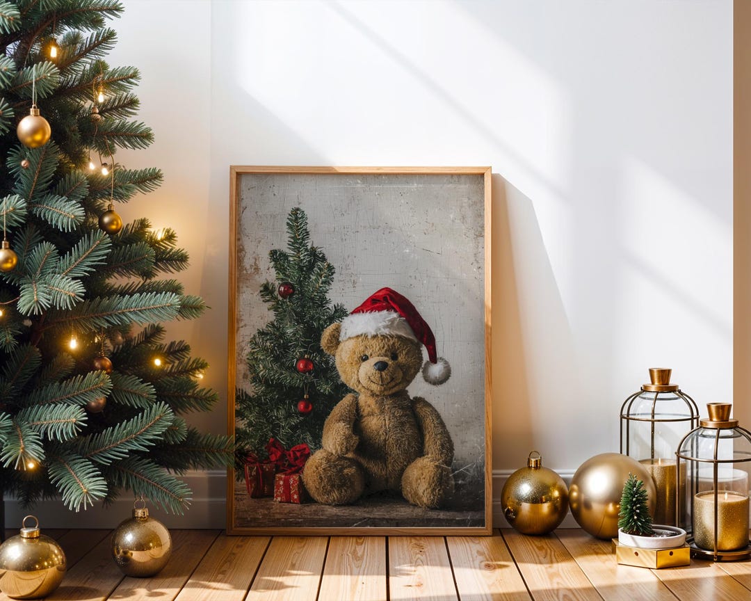 Christmas Santa Bear Poster, Retro Christmas Bear Art, Festive Holiday ...