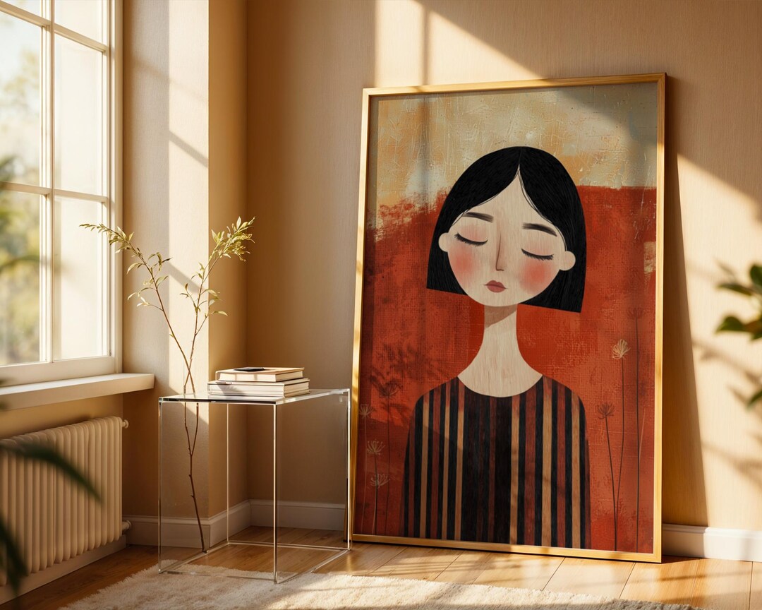 Naive Art Woman Portrait, Whimsical Folk Art Print, Rust Orange Wall ...