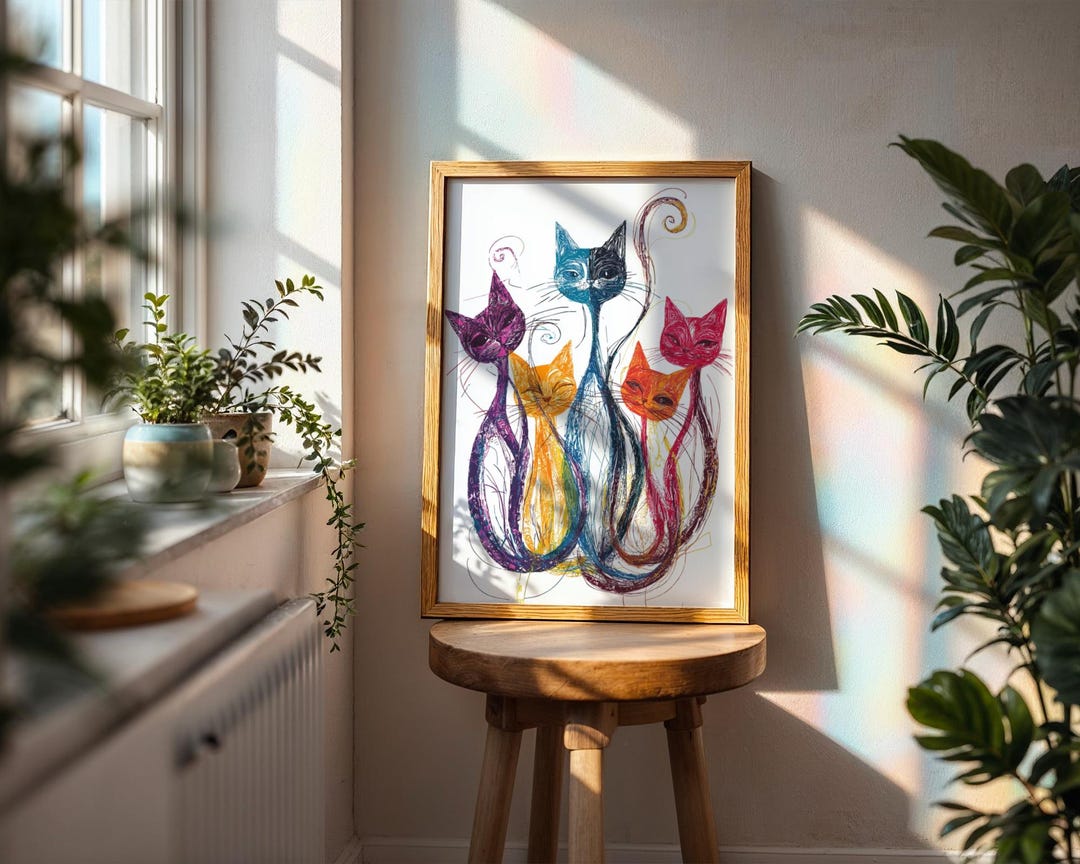 Naive Art Colorful Living Room Decor, Whimsical Group of Cats, Funky ...