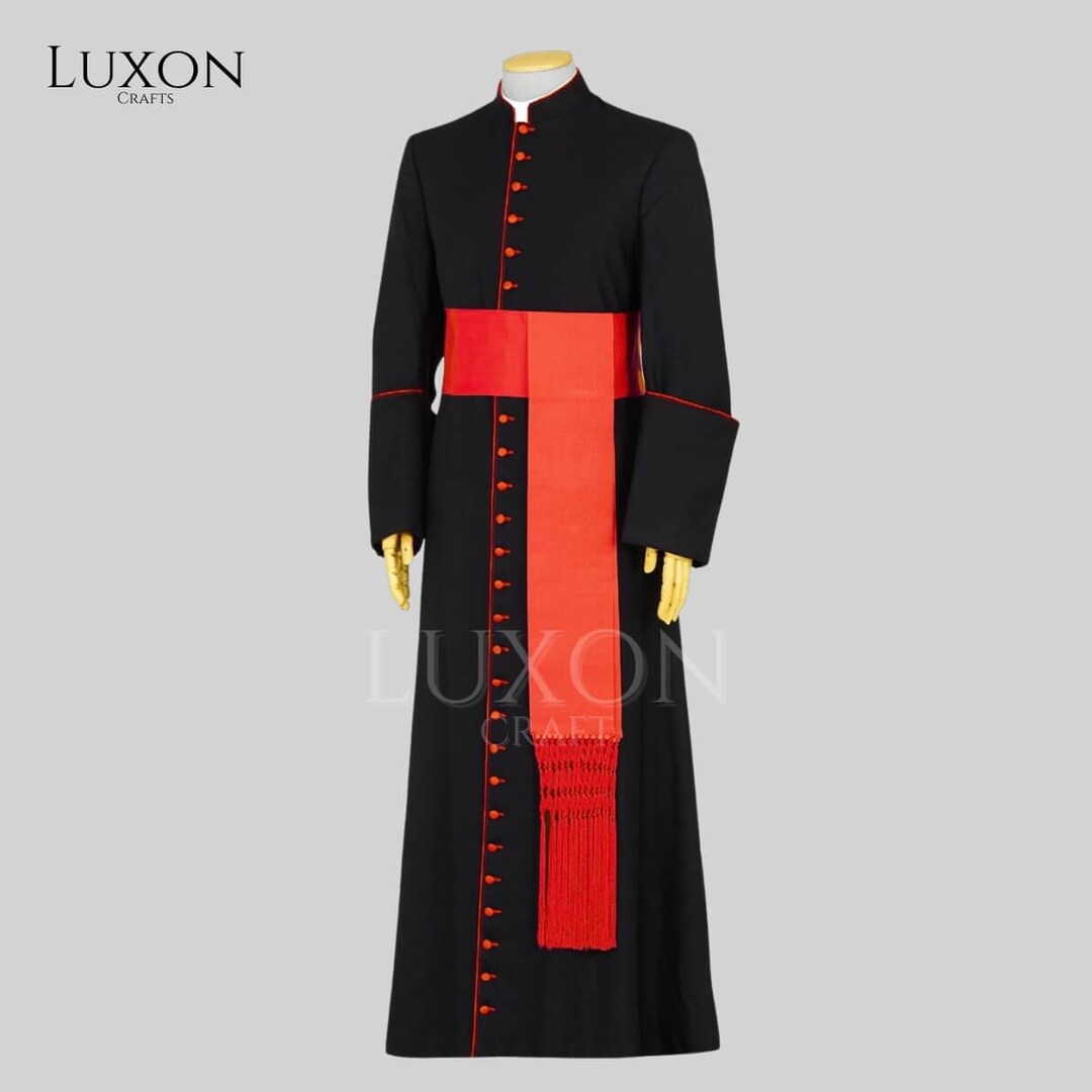 Custom Black Wool Blend Cassock With Crimson Trim: Roman Catholic ...