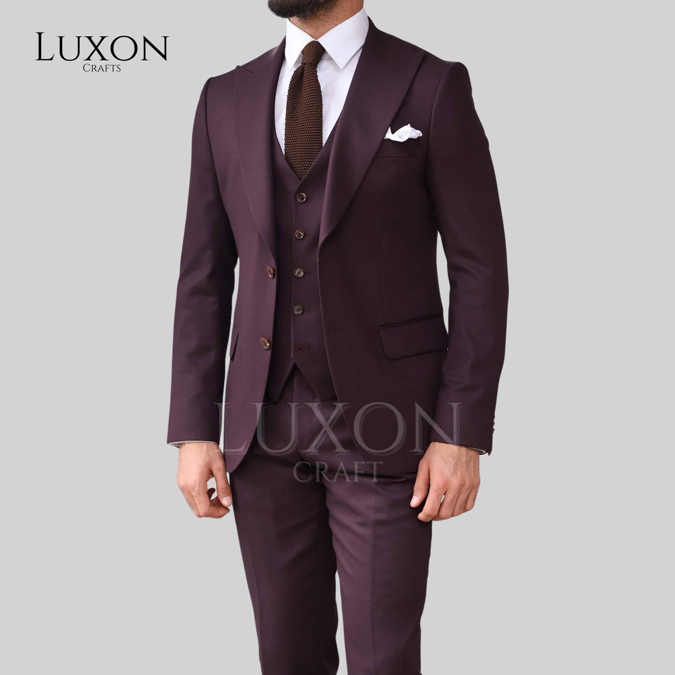 Men’s Plum 3-piece Suit | Slim Fit Wedding Suit | Peak Lapel Formal ...