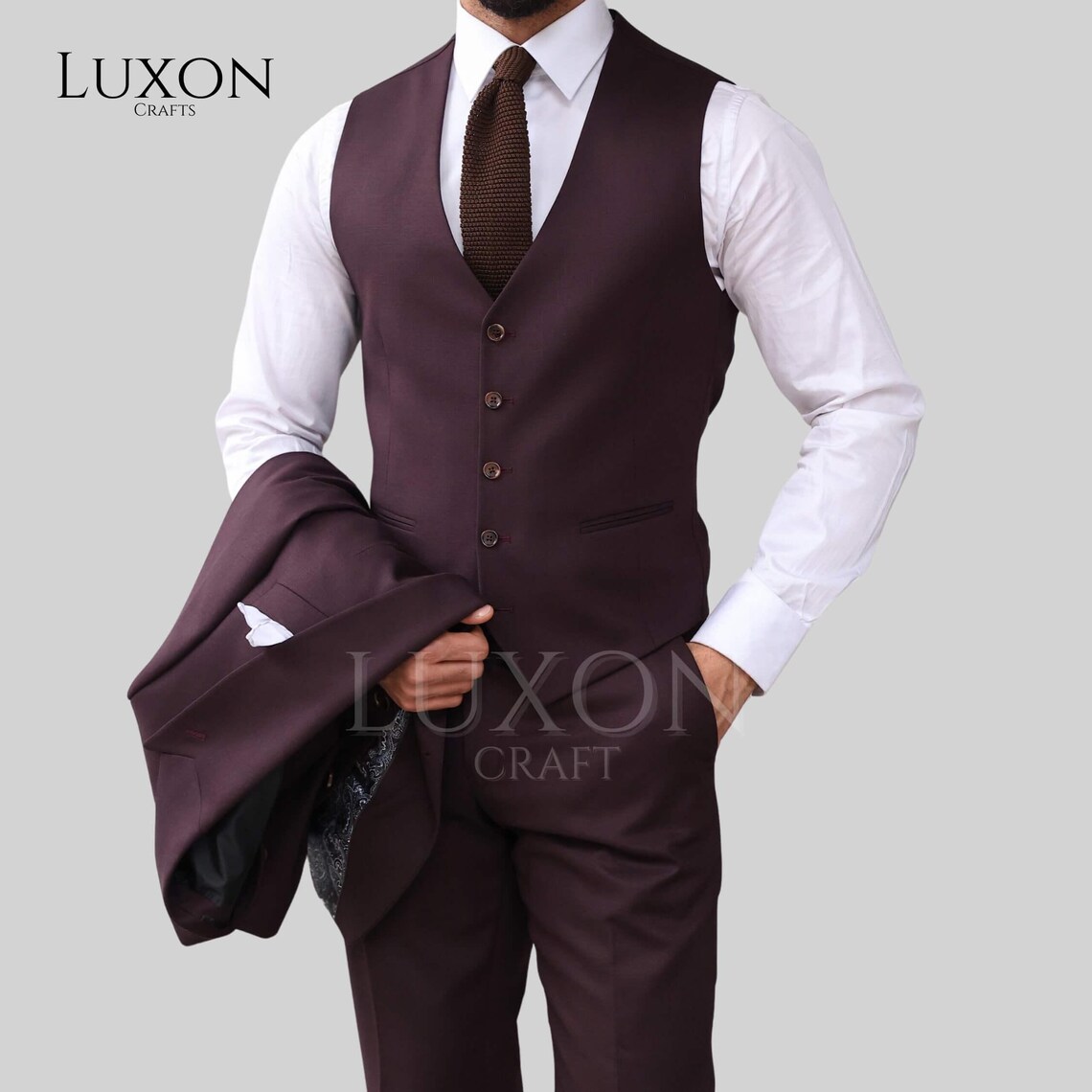 Men’s Plum 3-piece Suit | Slim Fit Wedding Suit | Peak Lapel Formal ...