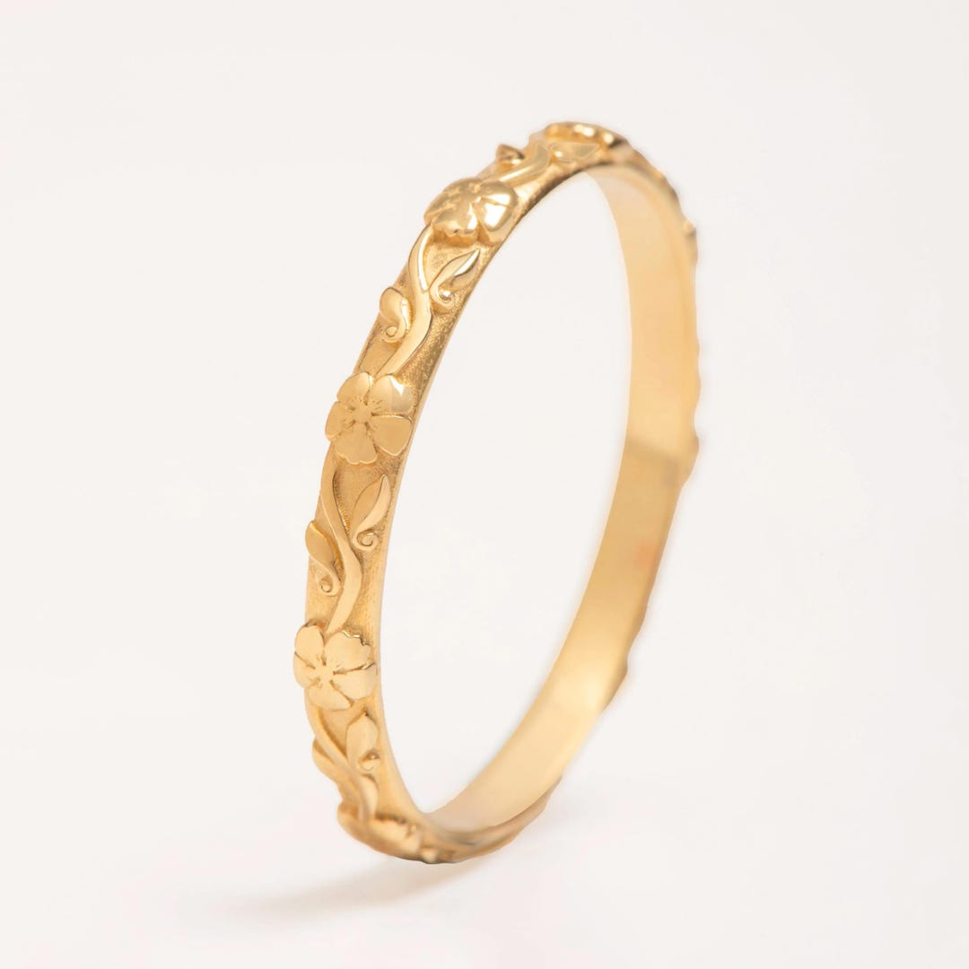 Art Nouveau Flower Ring, Solid Gold Botanical Band, Vintage Style ...