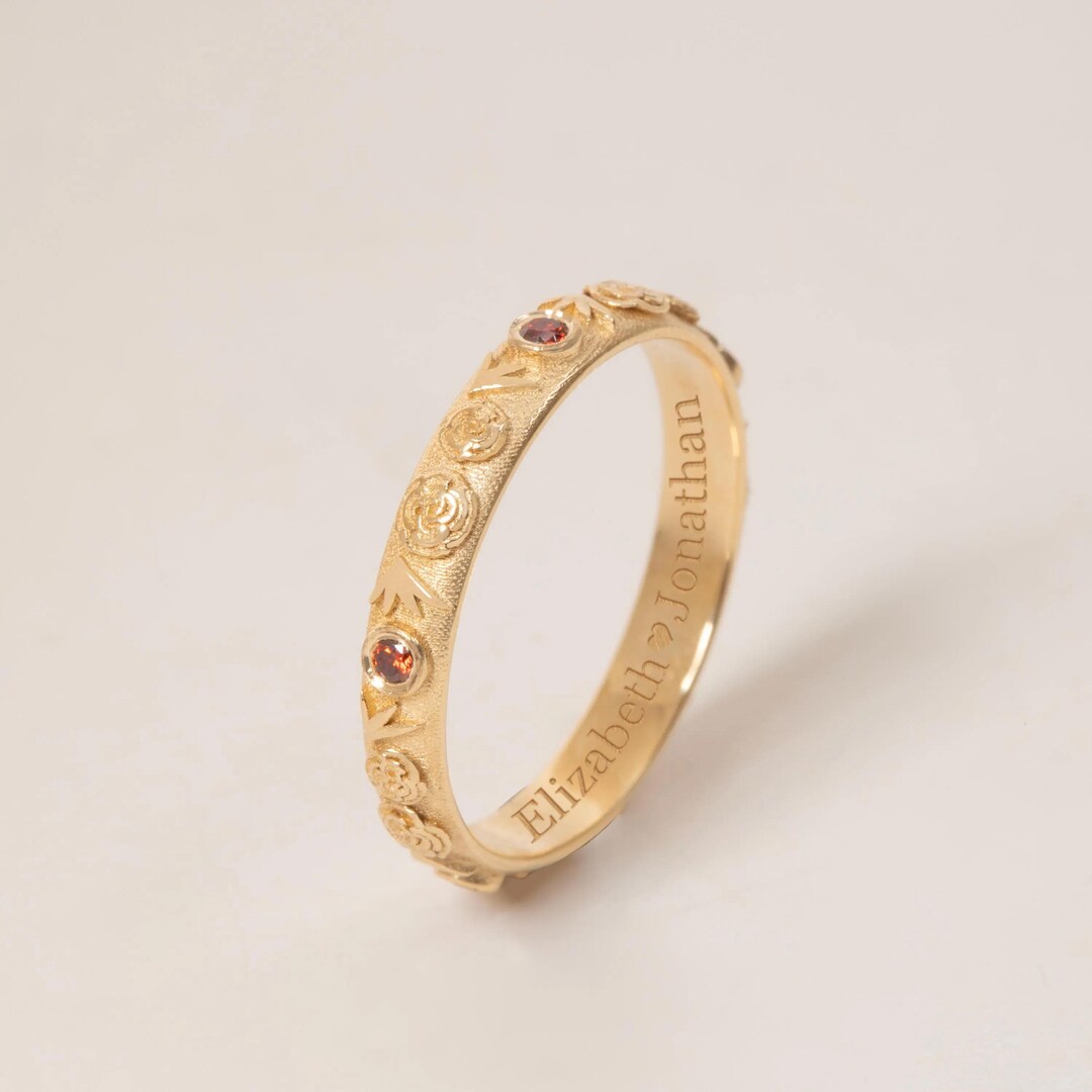Carnation Birth Flower January Birthstone Ring • 3mm Solid Gold Band ...