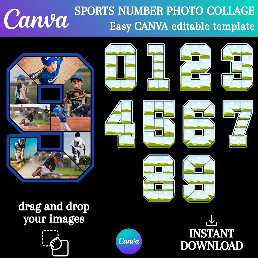 Sport numbers photo collage, canva template, editable, canva collage ...