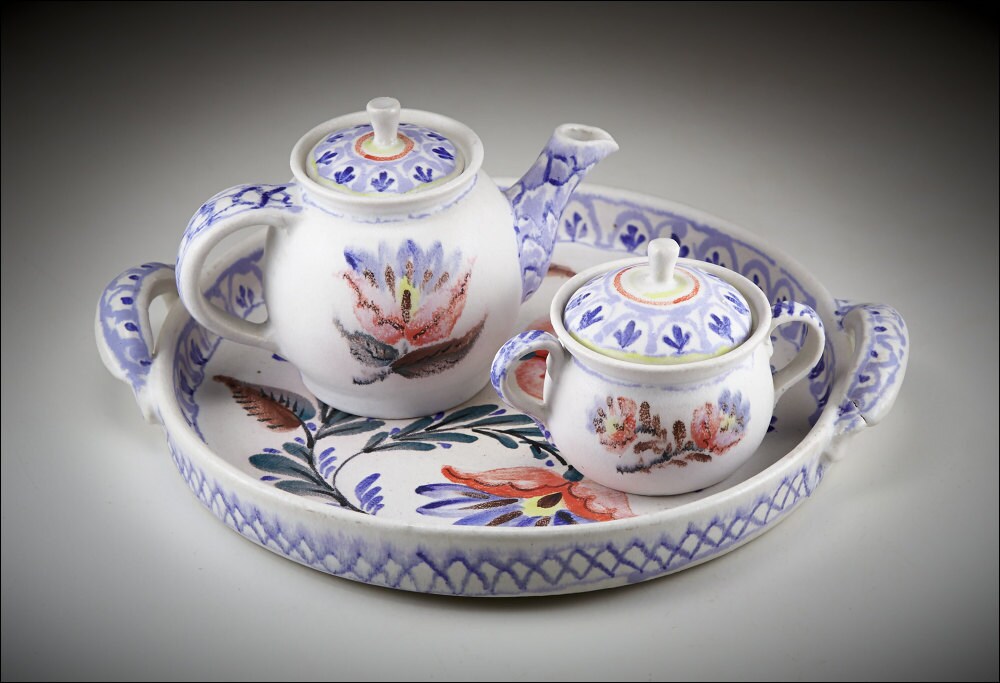 Ceramic Tea Set Red White and Blue Wheel Thrown and Hand Painted by ...