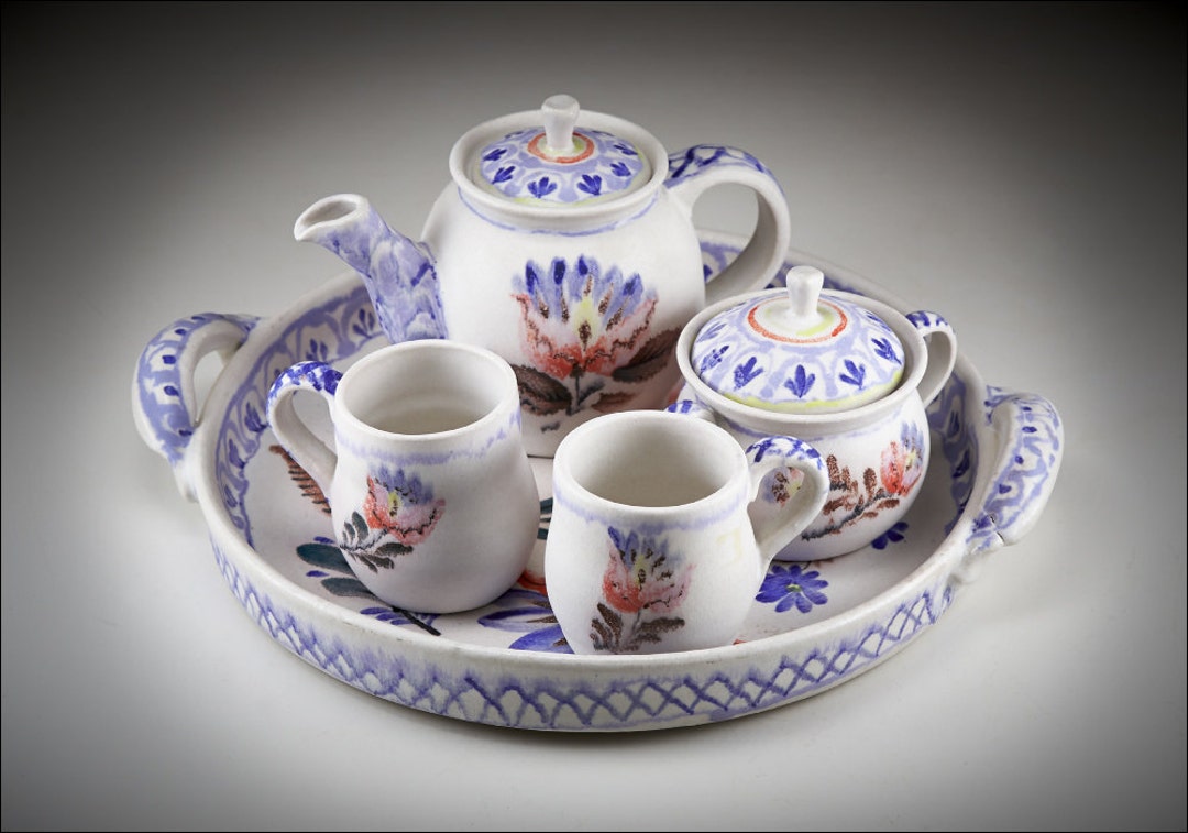 Ceramic Tea Set Red White and Blue Wheel Thrown and Hand Painted by ...