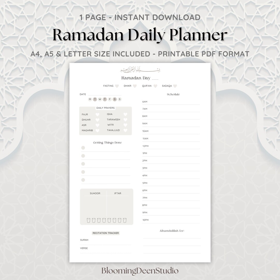 Ramadan Planner Printable – Undated Islamic Daily Planner With Hourly ...