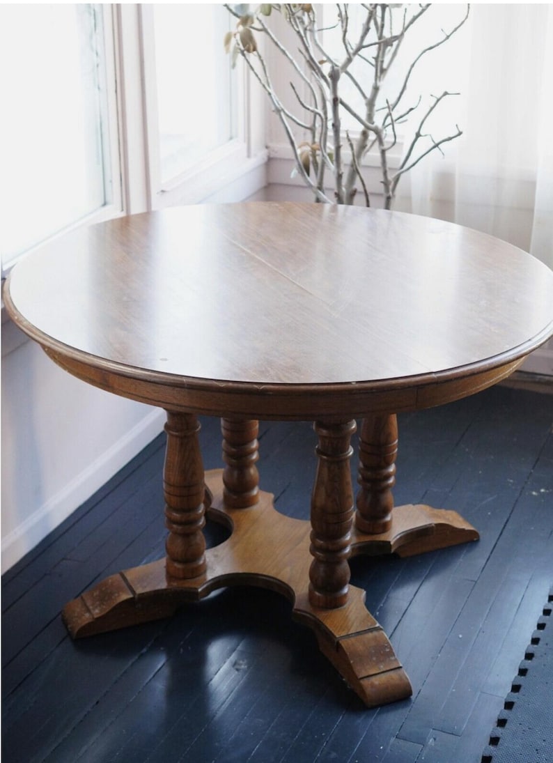 Vintage Tell City Tanbark Oak Round Dining Table Mid Century Modern Etsy