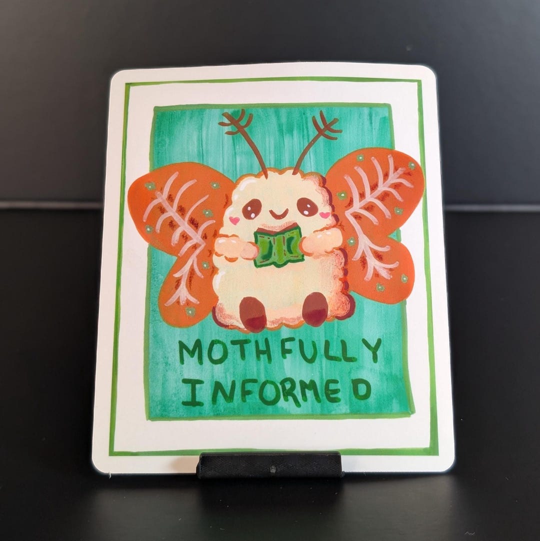 Mothfully Informed Sticker - Cute Kawaii Moth Reading Book, Punny Book ...