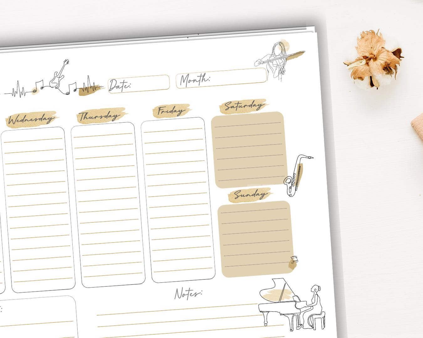 Printable Weekly Planner A4 Music-themed Line Illustration in Colour ...